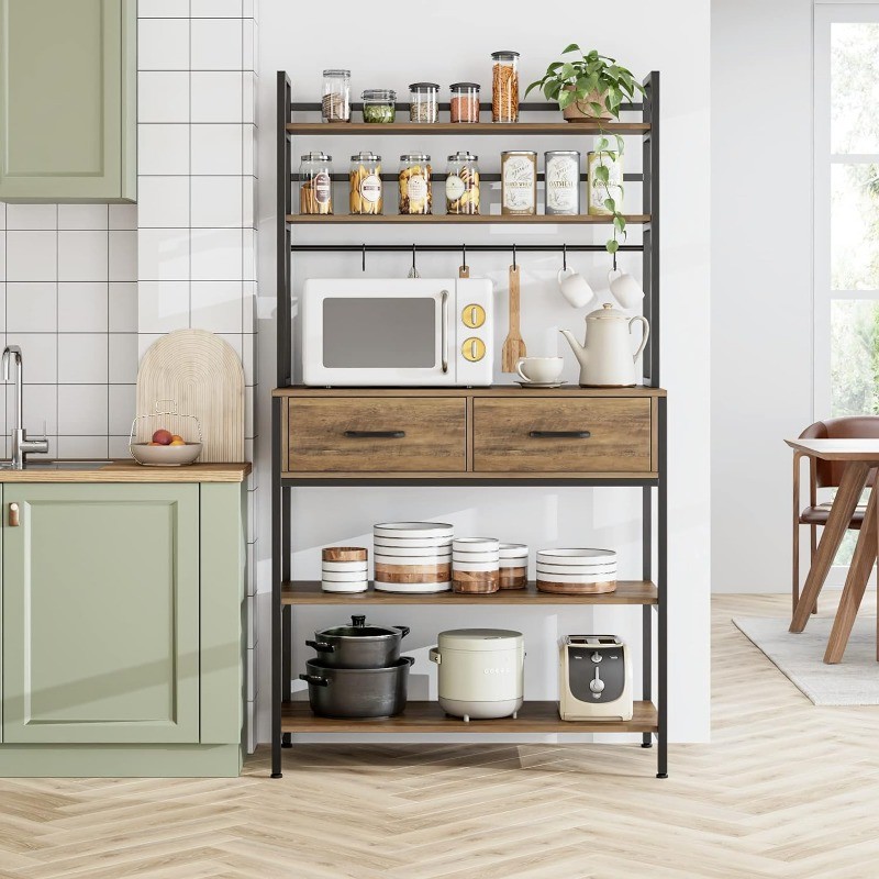 유Industrial 5-Tier Kitchen Bakers Rack with 2 Drawers, Microwave Oven ...