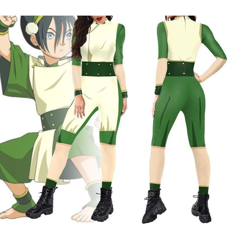 Avatar The Last Airbender Cosplay Toph Beifong Costume Green Jumpsuit