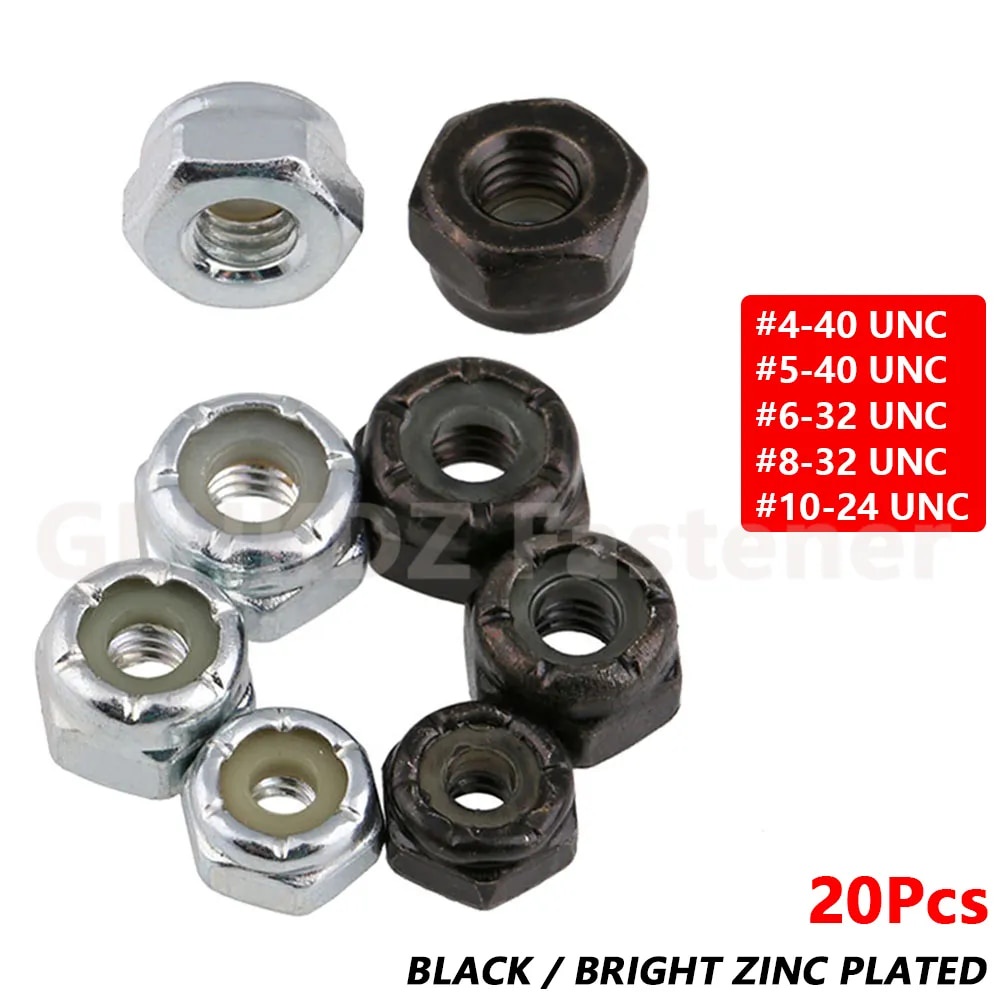 20pc UNC #4-40 #6-32 #8-32 #10-24 Hexagon Nylon Insert Lock Nut Self-locking Hex Nyloc Nut Black ...