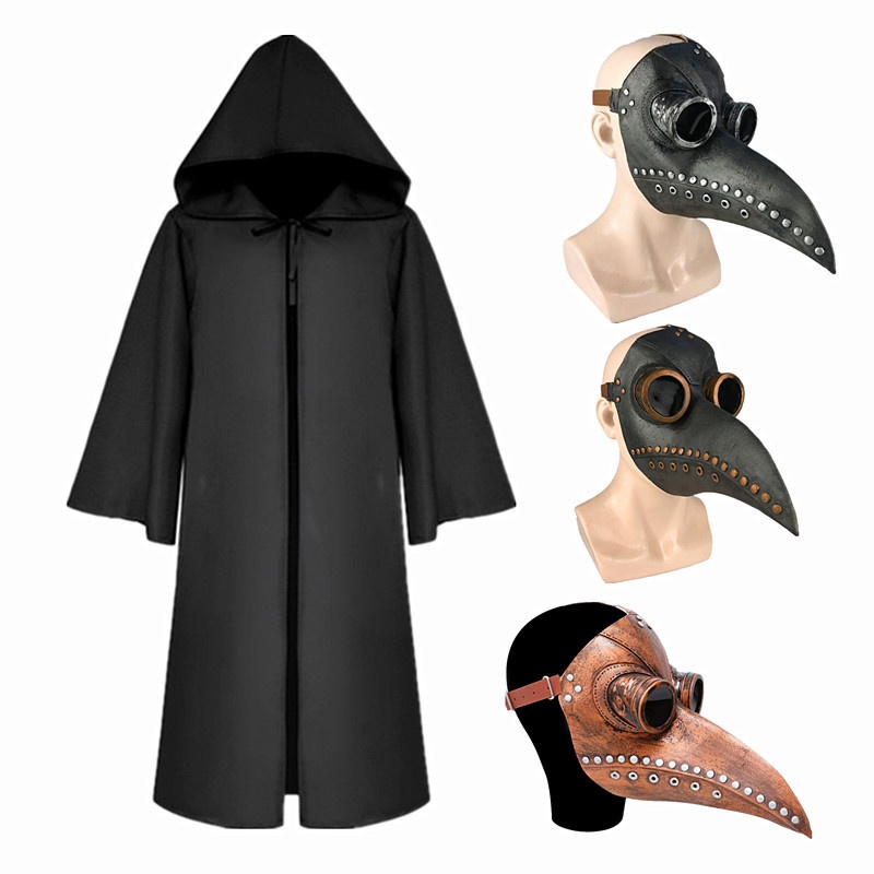 ⊙♛ Plague Doctor Costume Hooded Cloak Long Nose Beak Latex Mask ...