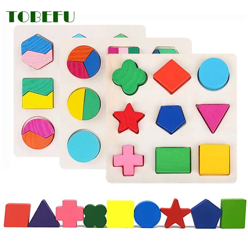 ♡Baby Wooden Geometric Shapes Montessori Puzzle Sorting Math Bricks ...