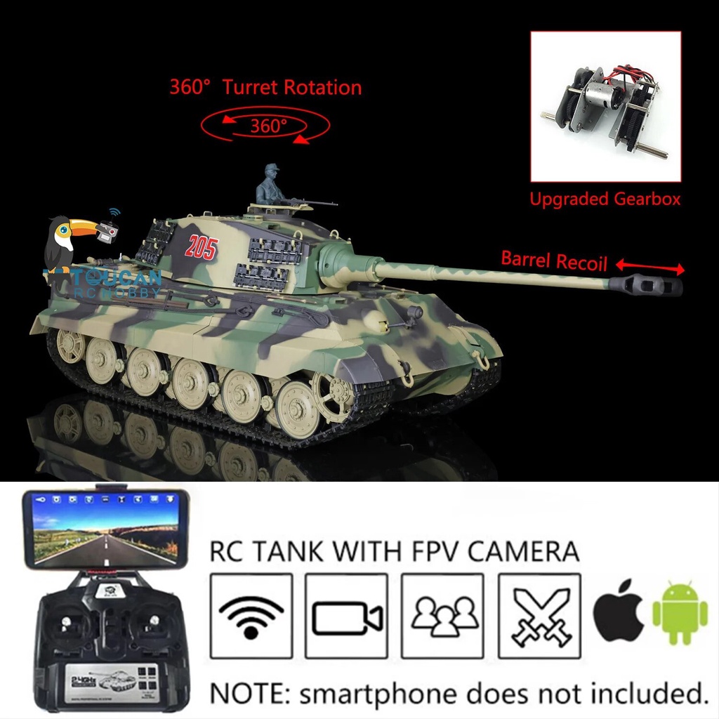 1/16 HENG LONG 7.0 Plastic FPV King Tiger RC Tank 3888A 360° Turret ...