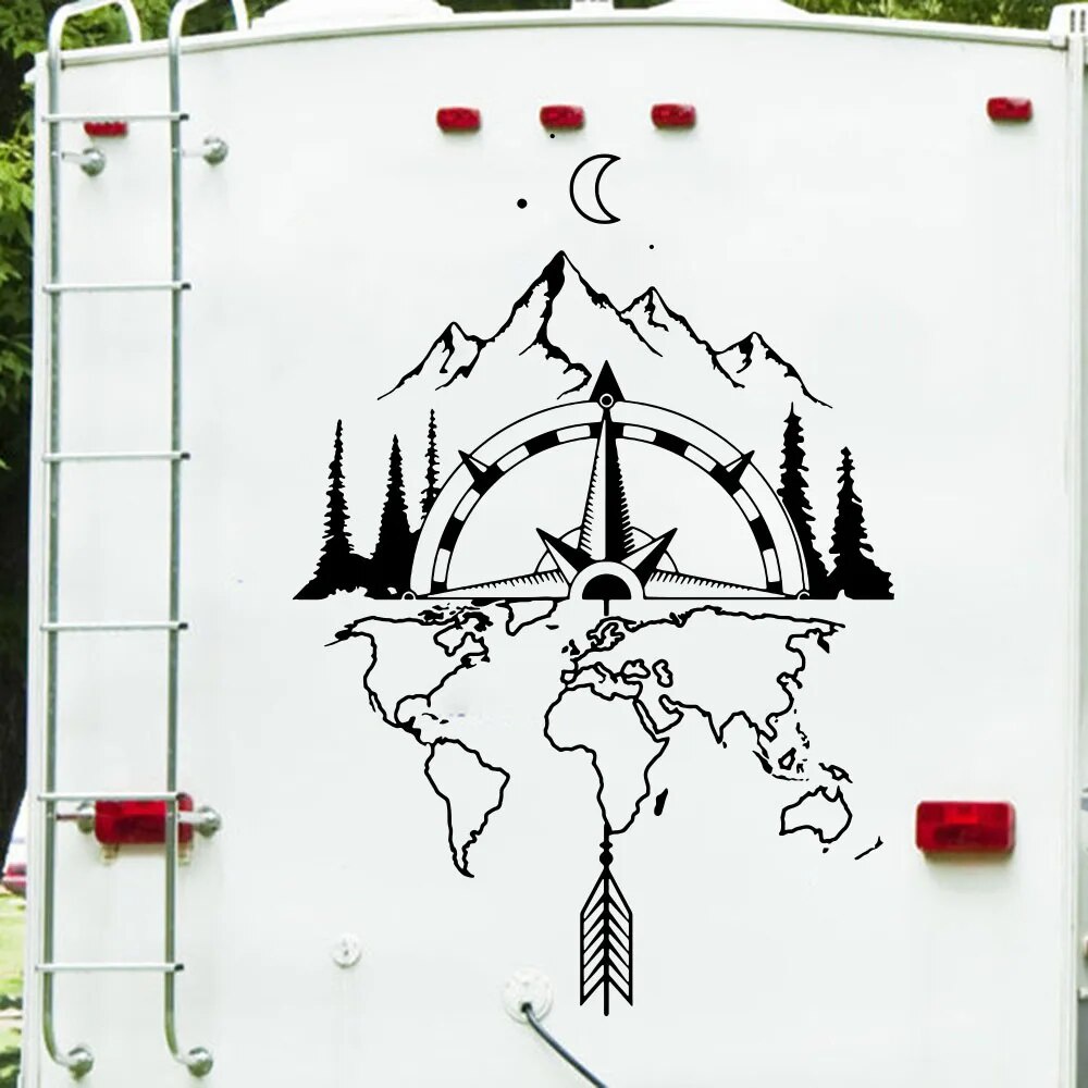 World Map Compass Camper Rv Wall Sticker Travel Mountain Moon Forest ...