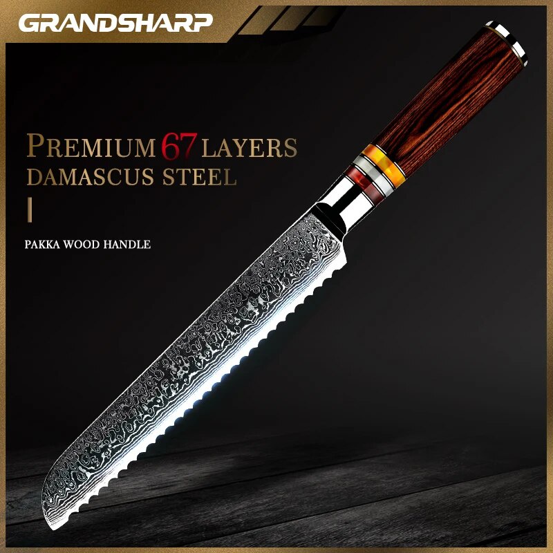 8'' Japanese Damascus Bread Knife AUS10 Cutting Core 67-Layer Damascus Bread Knife Cake Slicing ...