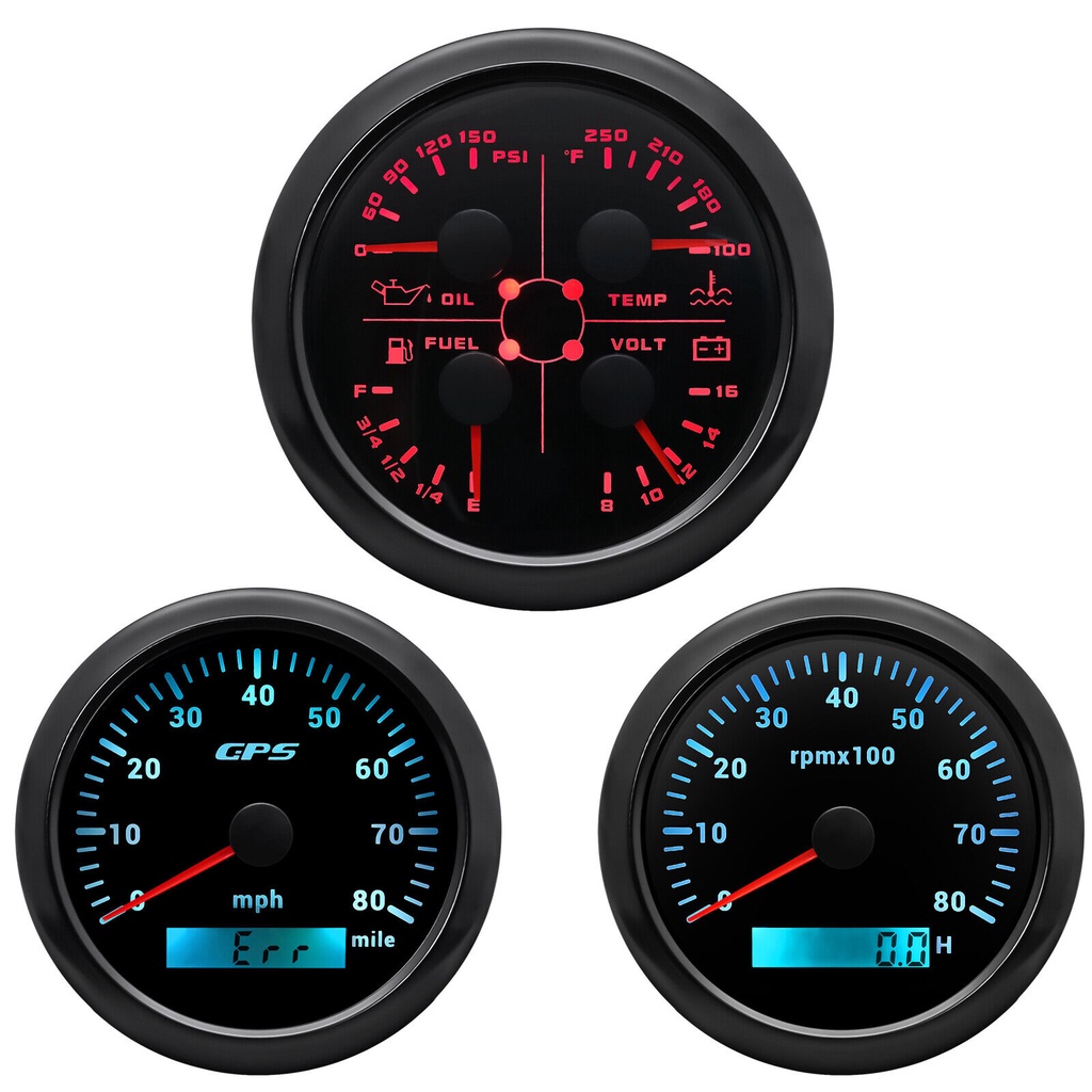 3 Gauge Set 85mm Boat GPS Speedometer 80MPH with Tachometer Fuel Oil ...
