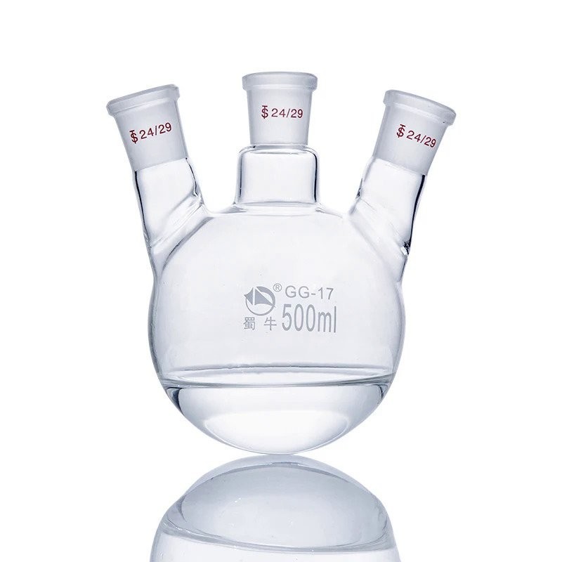 Lab Glass round bottom 3 three neck boiling flask with 2 two angled oblique standard side joint ...