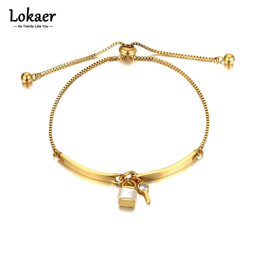 Lokaer Fashion Titanium Stainless Steel Crystal Lock Key Charm Bracelet ...