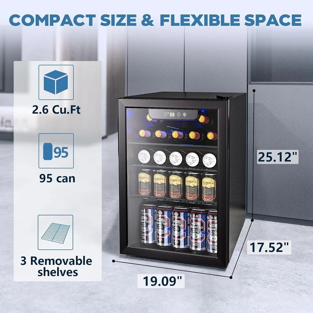 Beverage Fridge, 95 Can Mini Fridge with Glass Door, Adjustable ...