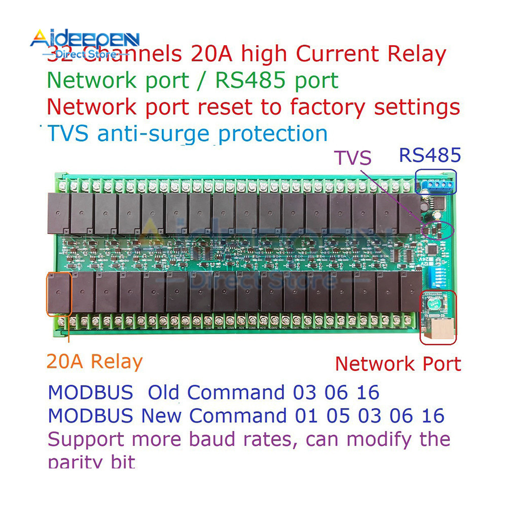 32 Channels 20A High Current Ethernet Relay Network Switch Modbus RTU ...