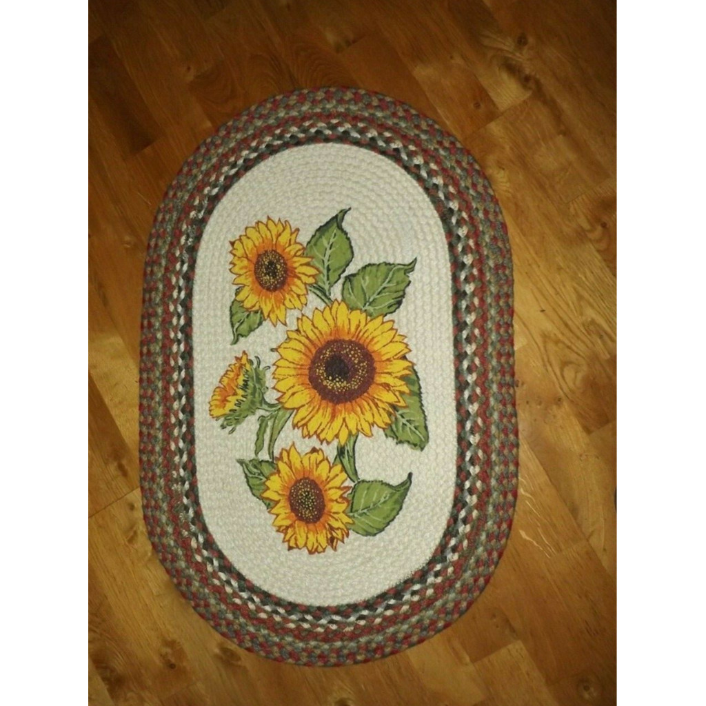 ⋌Braided Jute Rug Farmhouse Oval 20\"x30\" Sunflowers Rust Brown Green ...