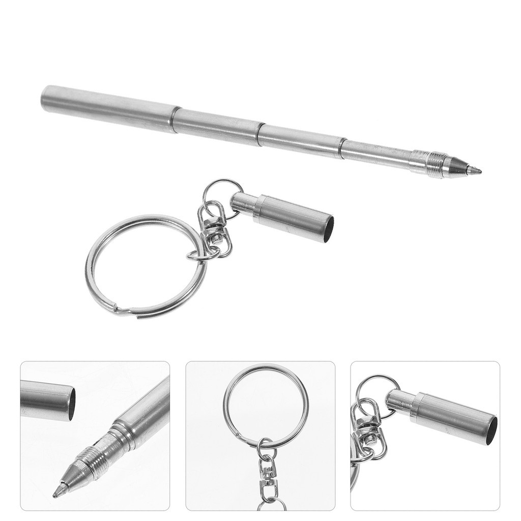 Retractable Pen Shape Keychain Mini Metal Key Ring Portable Stainless ...