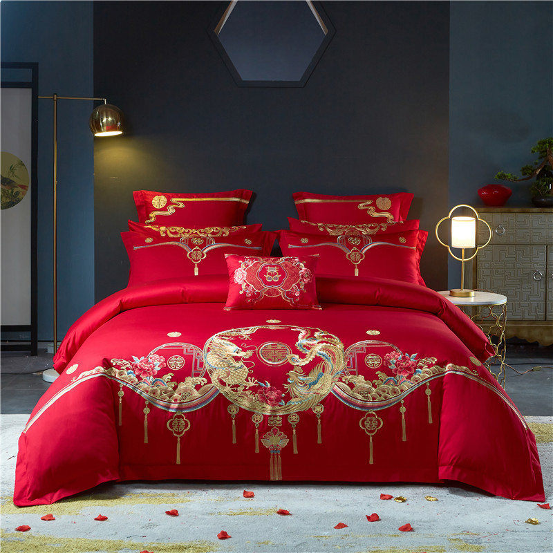 ☆golden Dragon Phoenix Embroidery Bedding Set Luxury Chinese Wedding