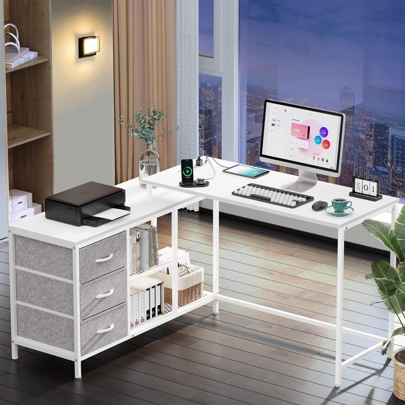 ۩L Shaped Desks with Power Outlets, Computer Desk with Drawers ...