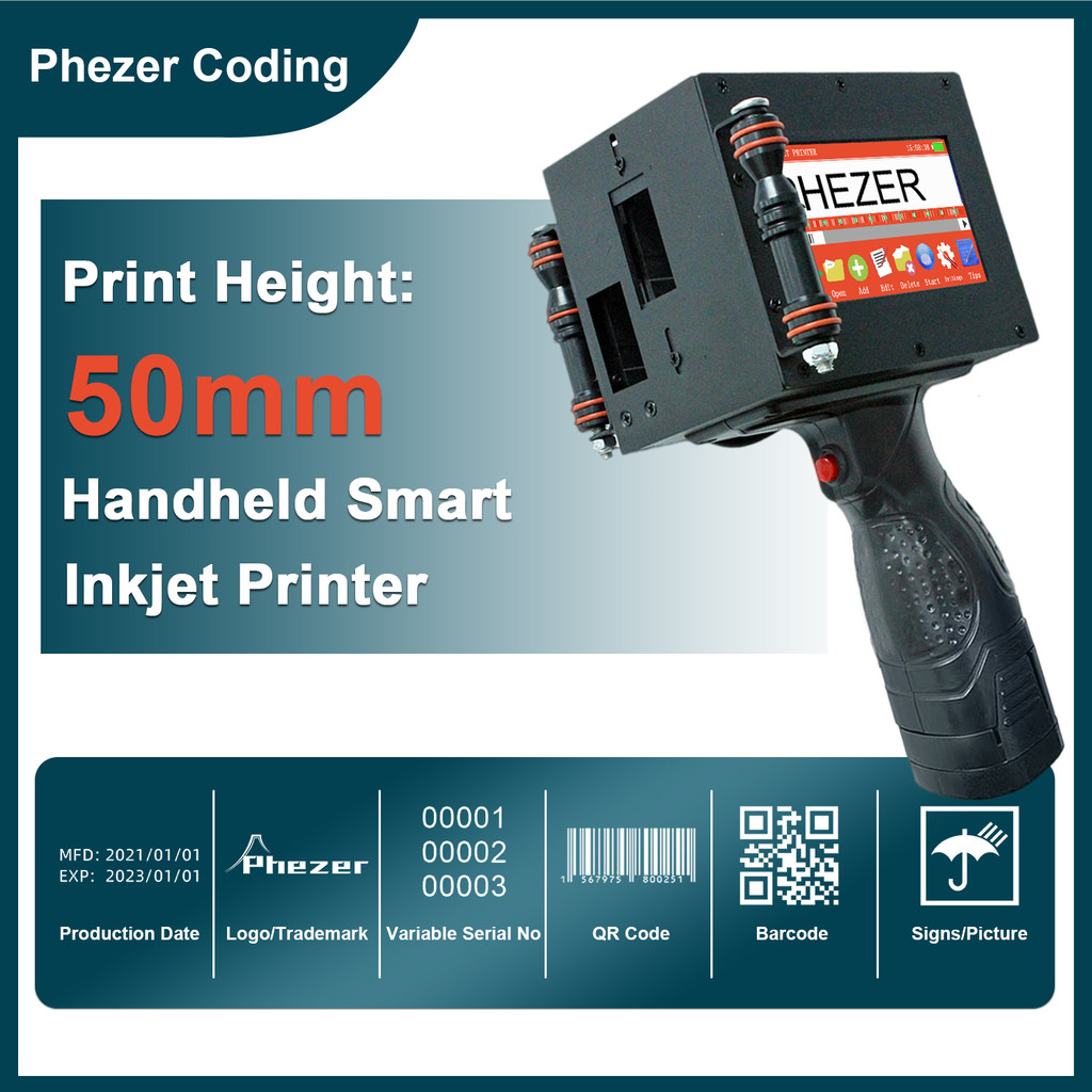 Phezer 50mm Label Printer P50 QR Bar Batch Code Date Number Logo Expiry ...