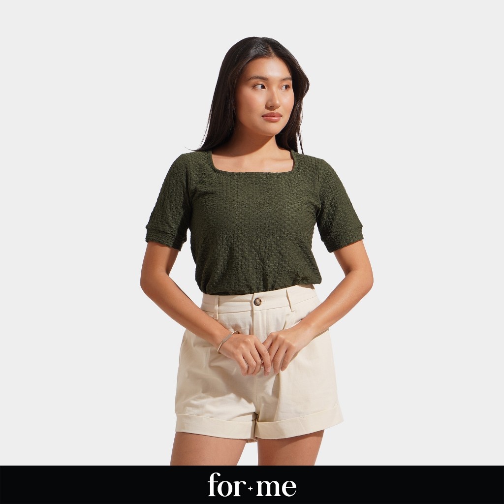 ForMe Openwork Square Neck Tee T-Shirt for Women (Sage Green) | Shopee ...