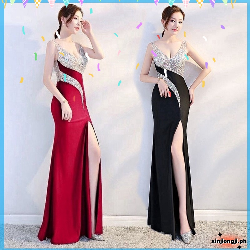 Korean Black Red Evening Prom Cocktail Split Long Dress Gown | Shopee ...