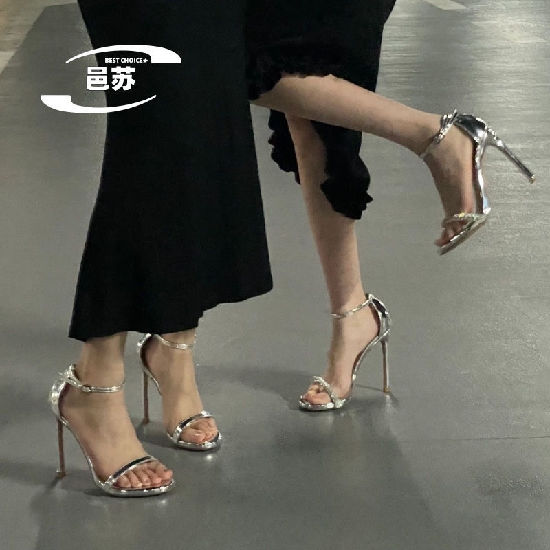 Summer Silver One-word Strap Open-Toe High Heels Women's Stiletto Heel ...