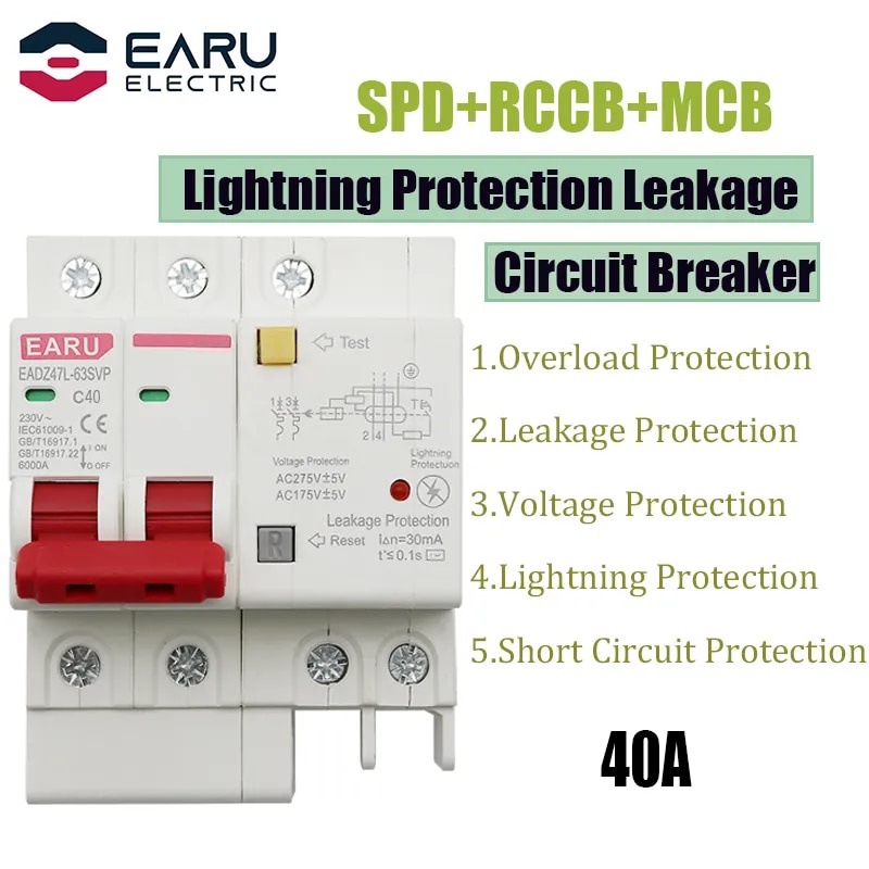 40A 2P SPD Residual Current Circuit Breaker With Overload Overvoltage ...