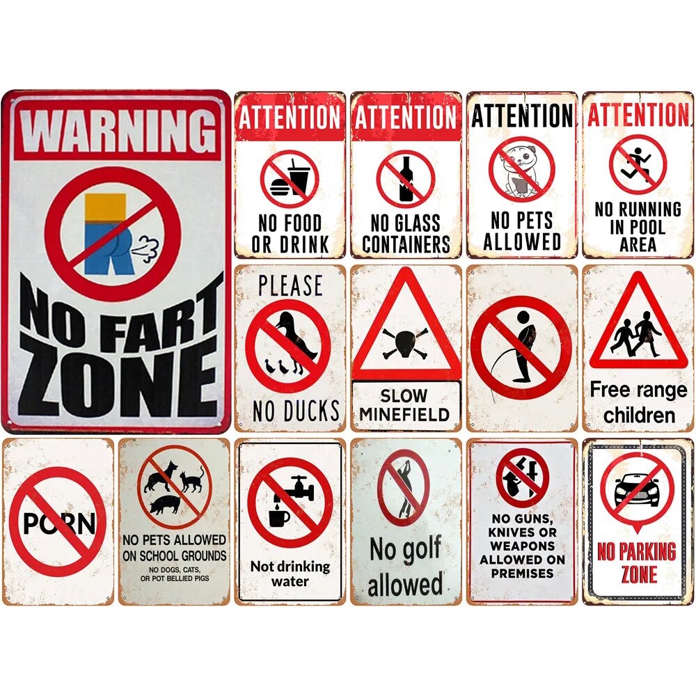 ۞Vintage Metal Plaques of Warning No Fart Zone Attention No Food or ...
