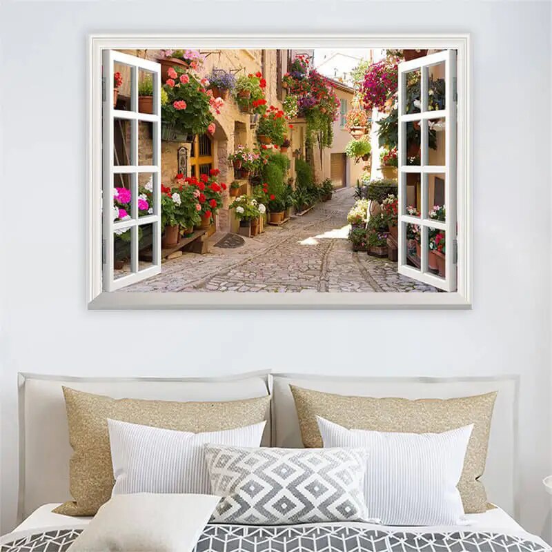 3D Window View Wall Decorative Painting PVC Wall Art Fake Window View ...