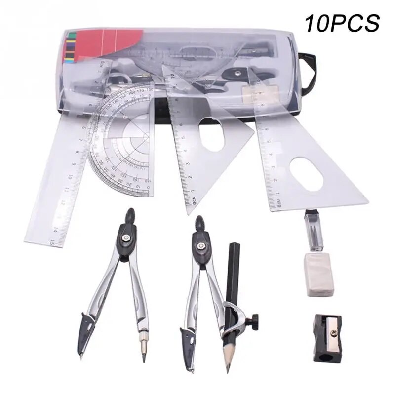 10Pcs Set Plastic + Metal Geometry Protractor Drawing School Eraser ...