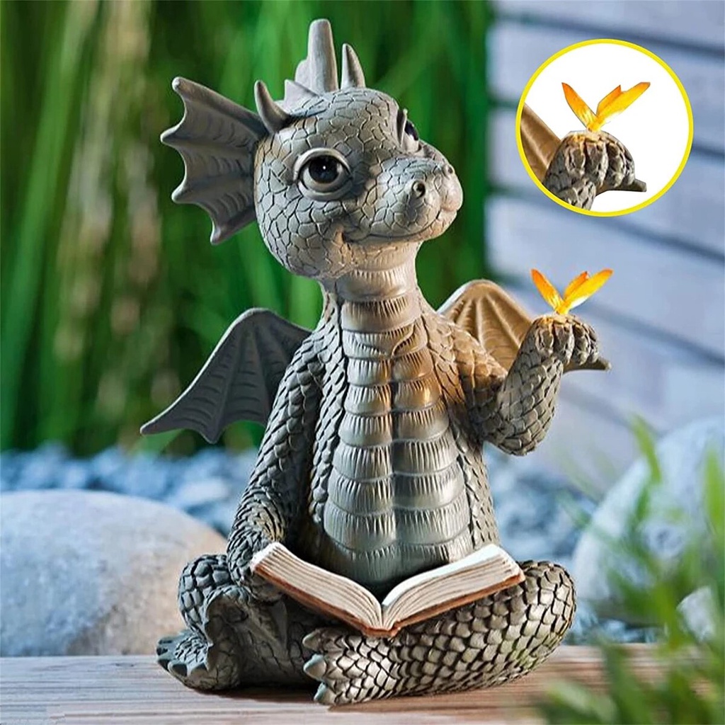 Garden Reading Book Little Dragon Sculpture Cute Dragon Statues Resin ...