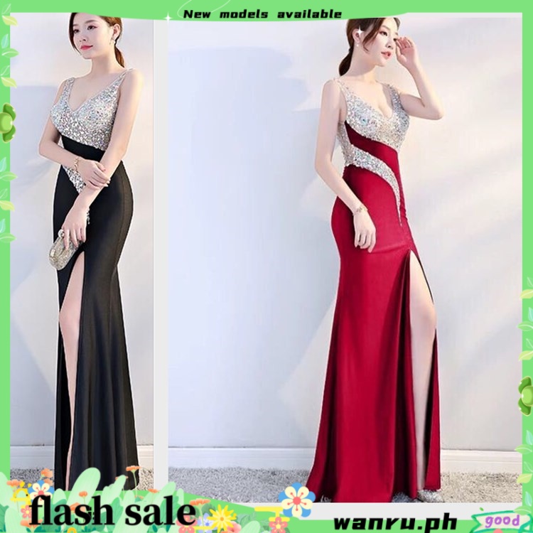 Korean Black Red Evening Prom Cocktail Split Long Dress Gown | Shopee ...