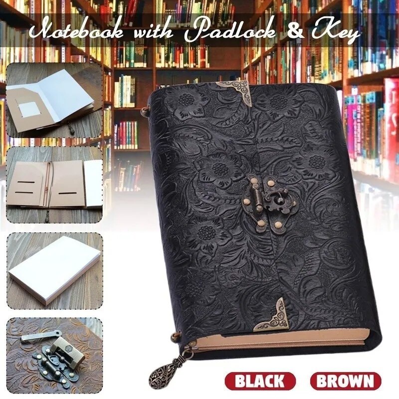 793 Embossed Pattern Soft Leather Travel Notebook with Lock and Key ...