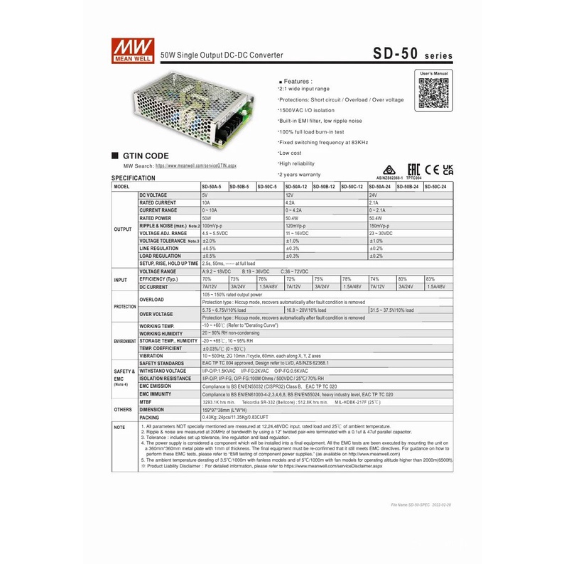 MEAN WELL DC to DC 50W switching power supply SD-50A/50B/50C 5V/12V/24V | Shopee Philippines