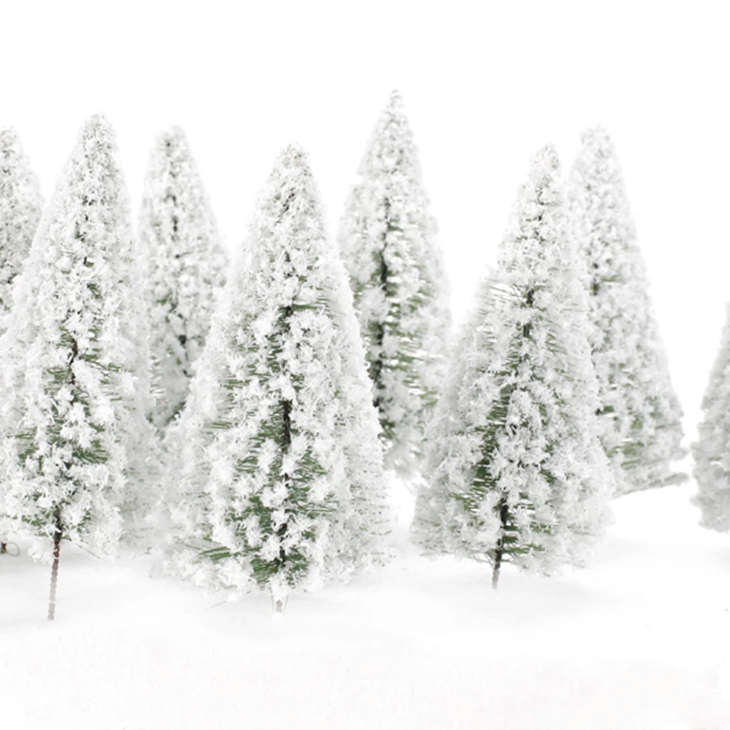 10pcs Model Pine Trees Miniature White Snow Trees Winter Forest Train ...