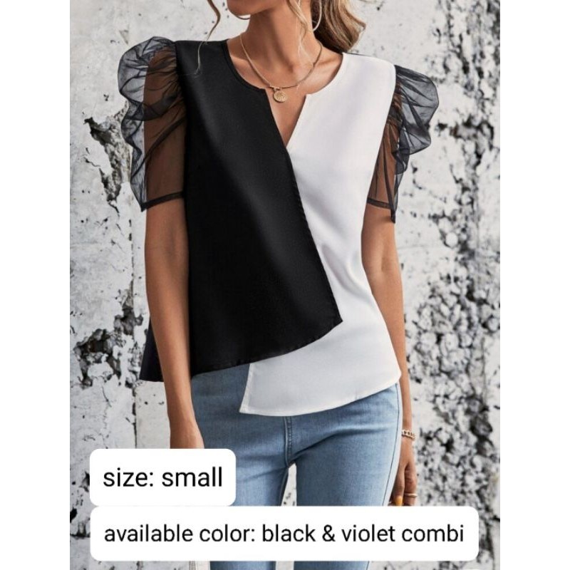 Two Tone Mesh Puff Sleeve Blouse (brand new) | Shopee Philippines