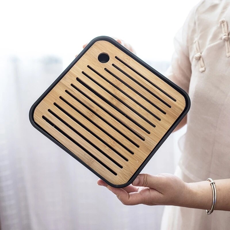 Square Simple Dry Soak Tea Tray Eco-Friendly Wooden Drainage Water ...