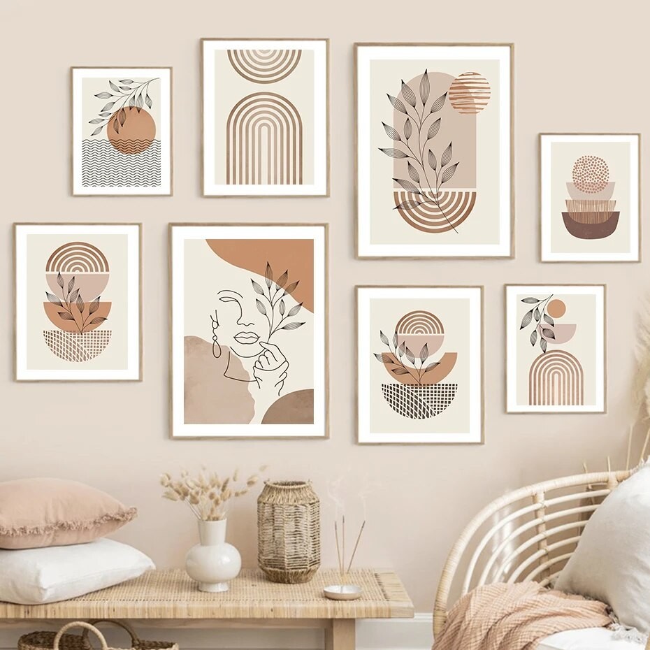 Boho Abstract Geometric Beige Rainbow Leaves Posters Canvas Painting ...