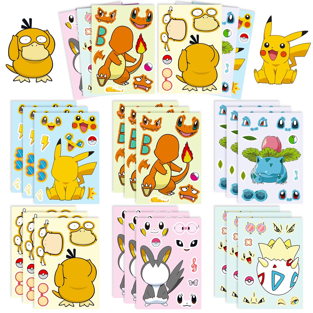 6Sheets Pokemon Pikachu Stickers Make A Face Puzzle Kids Charmander ...