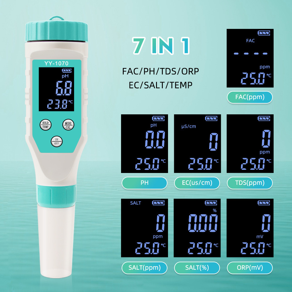 7 in 1 Water Quality Monitor Chlorine Meter PH TDS SALT ORP FAC EC TEMP ...
