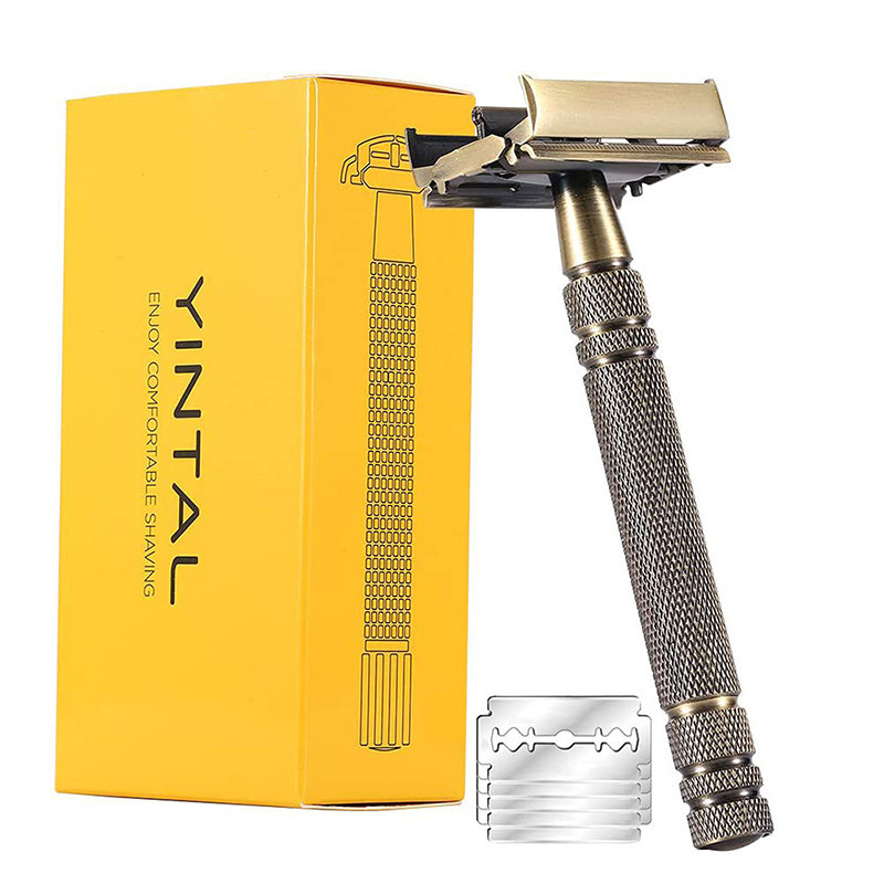 YINTAL Men's Bronze Classic Double-sided Manual Razor Long Handle Brass ...