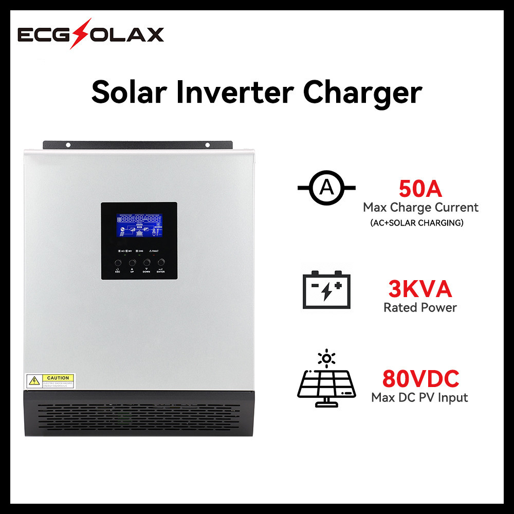 ECGSOLAX Hybrid Solar Inverter 3KVA 24V 110V Built-in 50A PWM Solar Charge Controller Pure Sine ...
