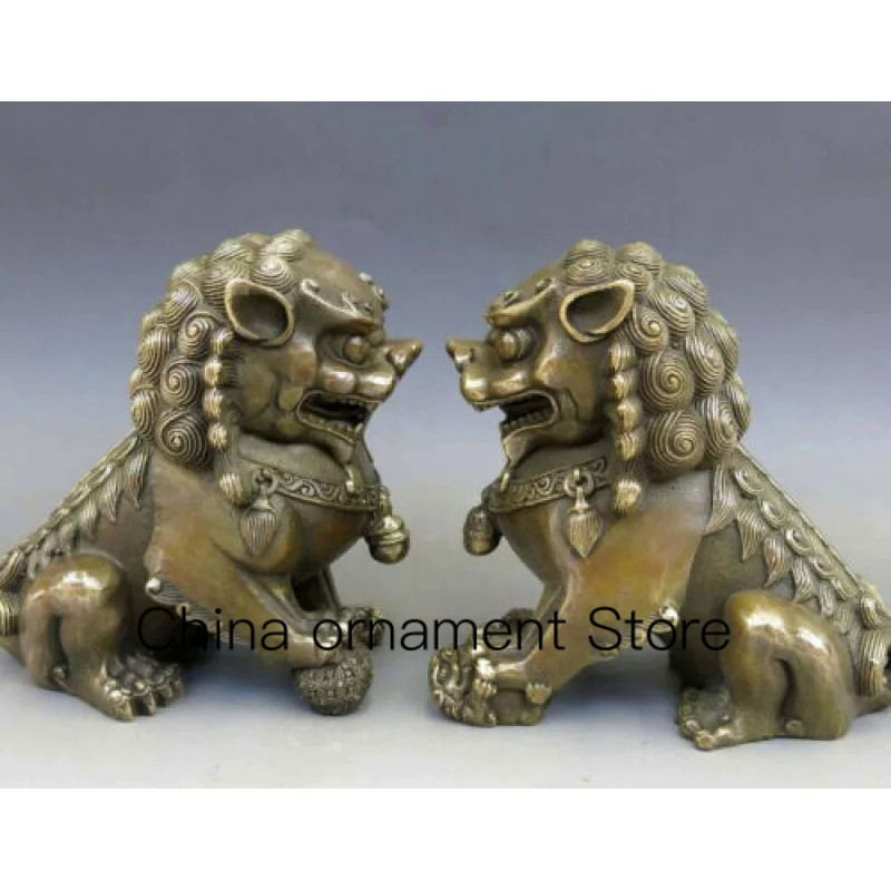 ~Chinese Antique Bronze Fengshui Fu Dog Lion Statue Door-God Pairs Lion ...