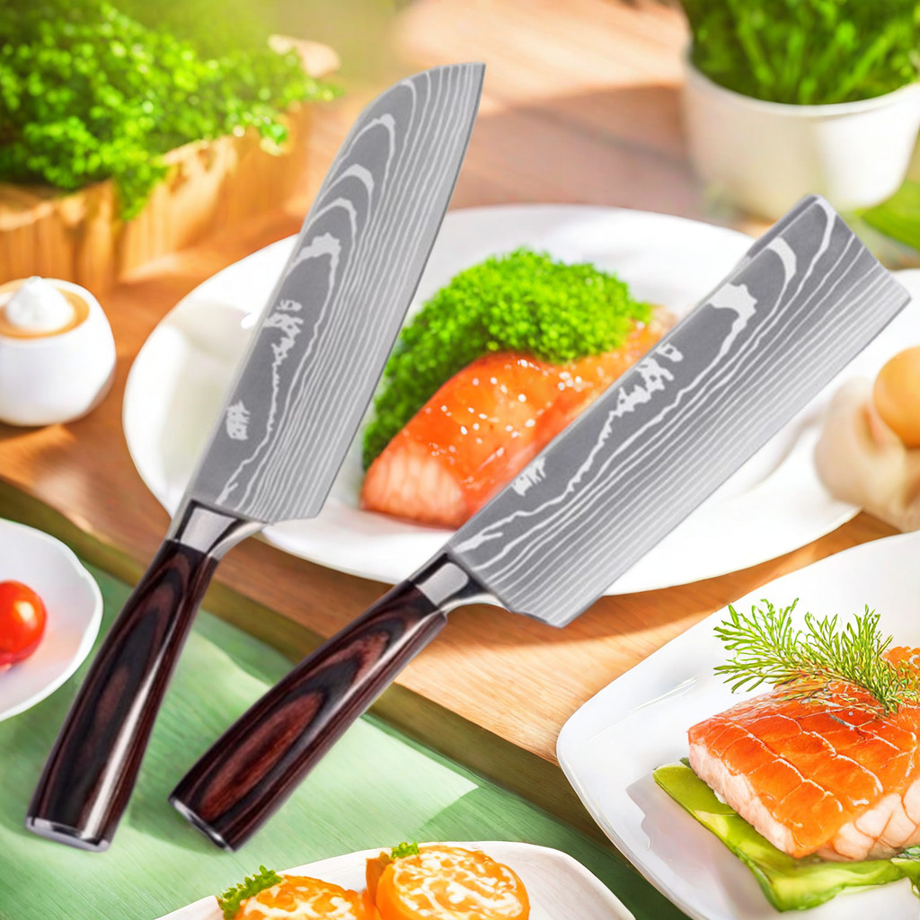 7 Inch Chef Knife Kitchen Knives Laser Damascus Pattern Sharp Santoku ...