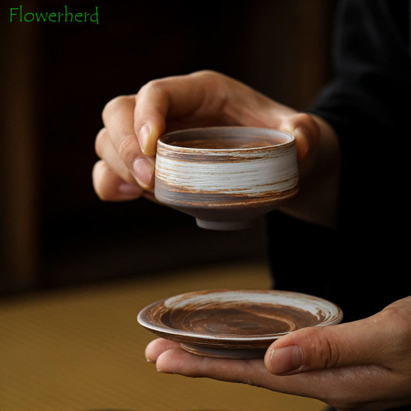Retro Ceramic Tea Cup Saucer Teaware Creative Handprinted Trace Glaze ...