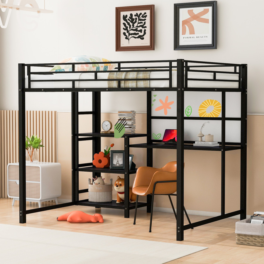 ♀Full Size Loft Bed with Desk and Whiteboard, Metal Loft Bed with 3 ...