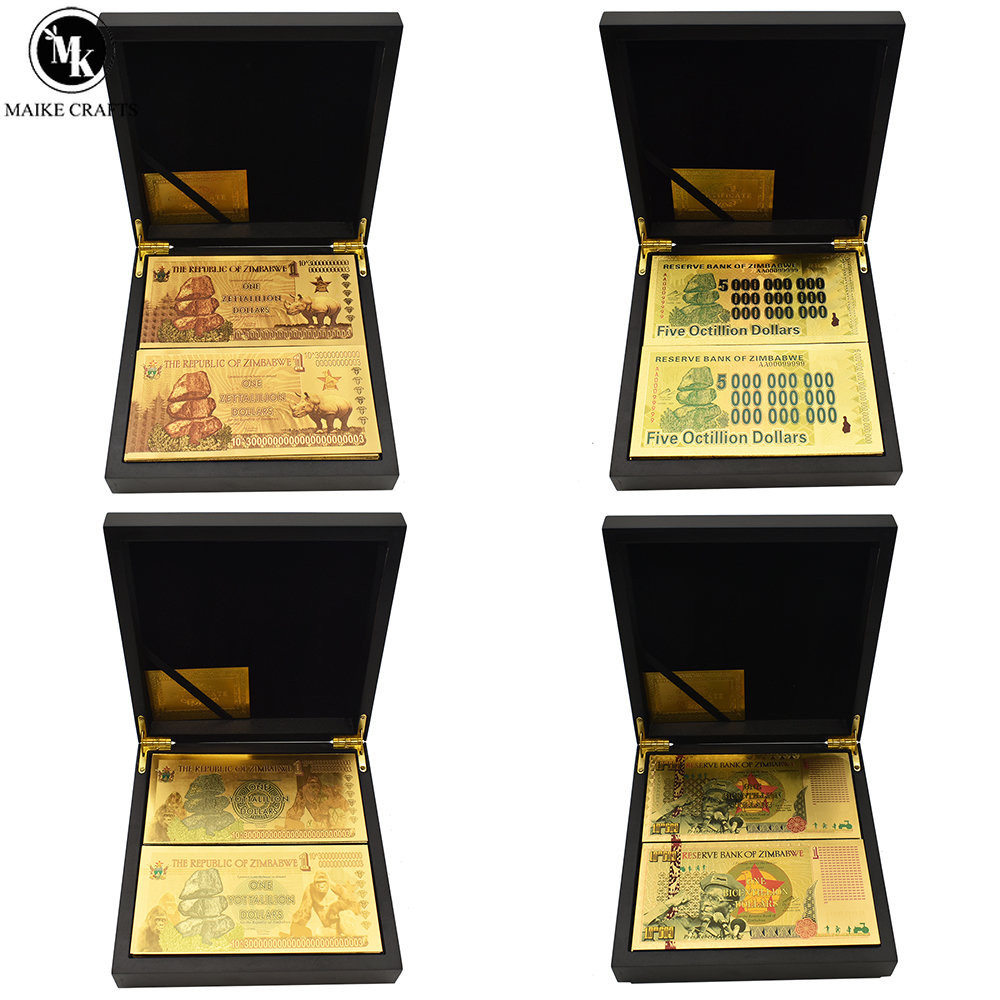 ♟100pcs/box Zimbabwe Gold Foil Banknotes Exquisite Wooden Box Set with ...