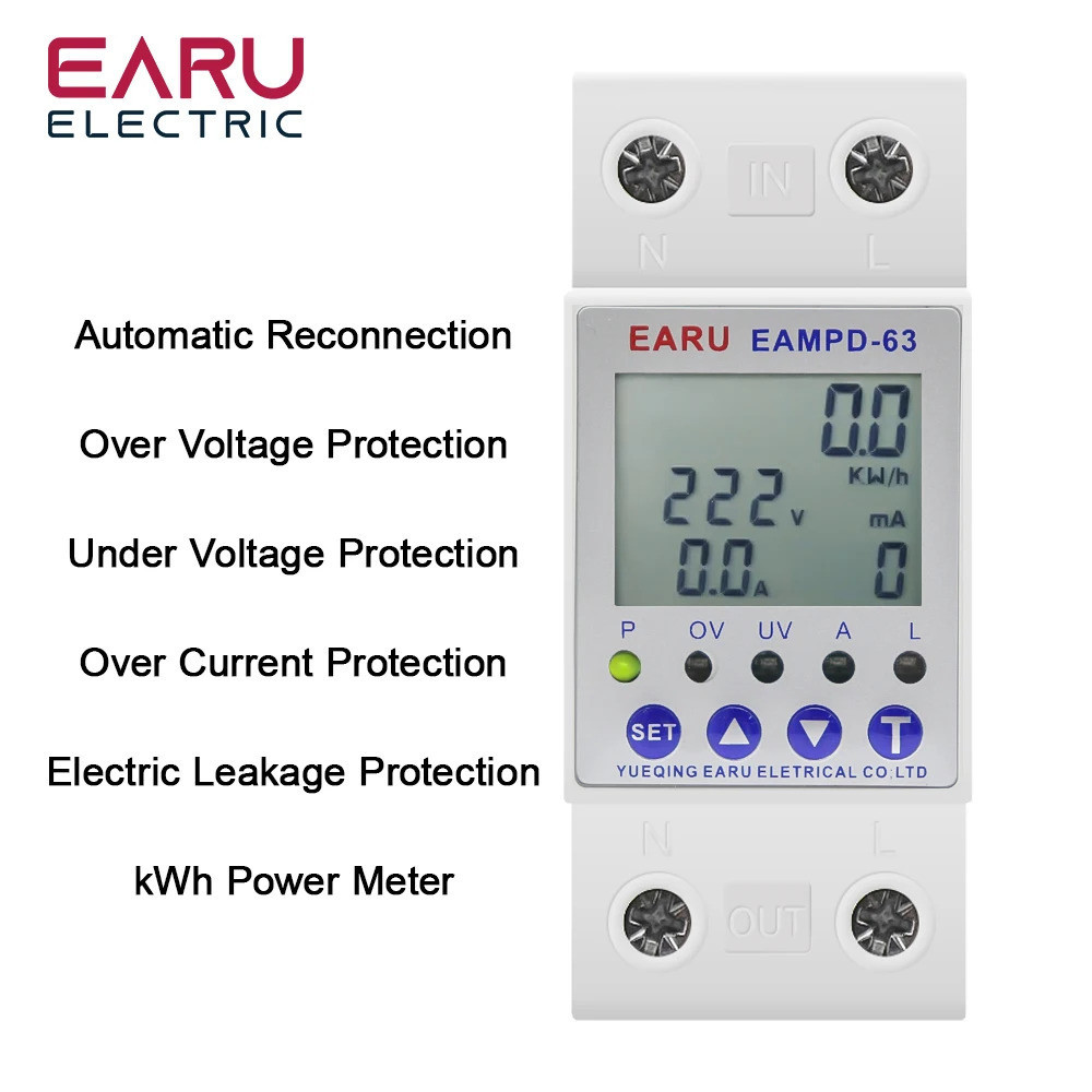 63A 230V Display Adjustable Current Earth Leakage Protection Over Under ...