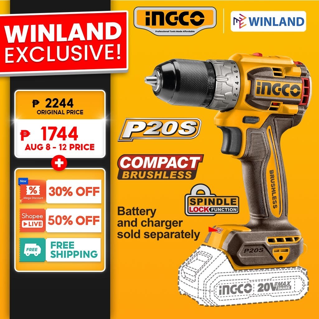Ingco by Winland Lithium-Ion Compact Brushless Cordless Drill 20V w ...