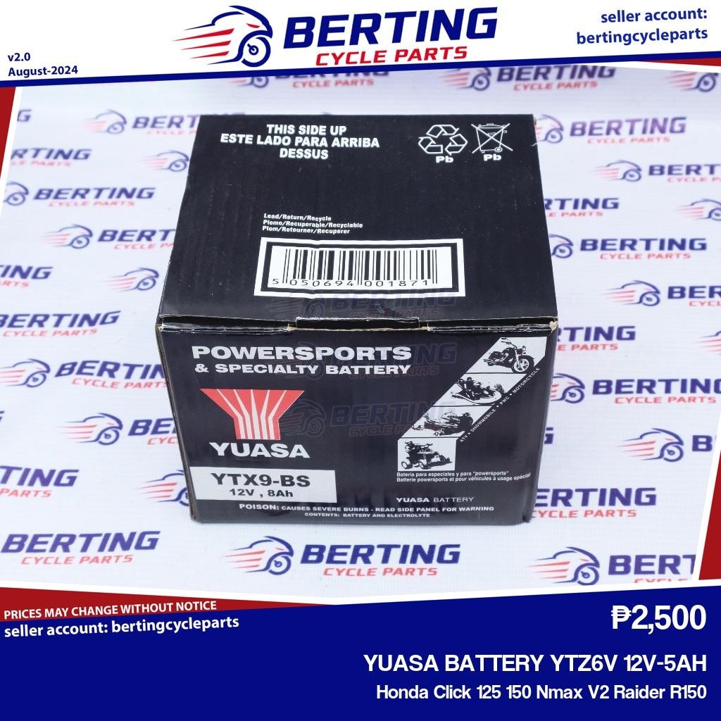 YUASA BATTERY YTX9-BS 12V-8AH Kawasaki Barako Rouser NS160 FI NS200 RS200 Dominar KTM Genuine ...