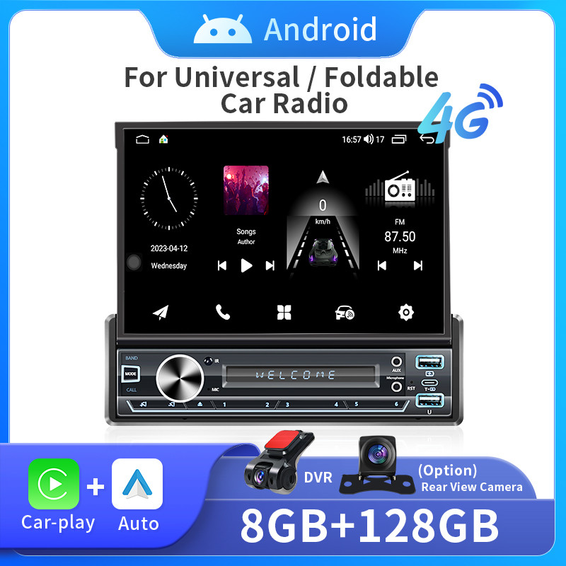 ♨Universal 1din Android Car Radio 4G CarPlay Auto GPS Navigation 7\" IPS Retractable Screen Mult ...