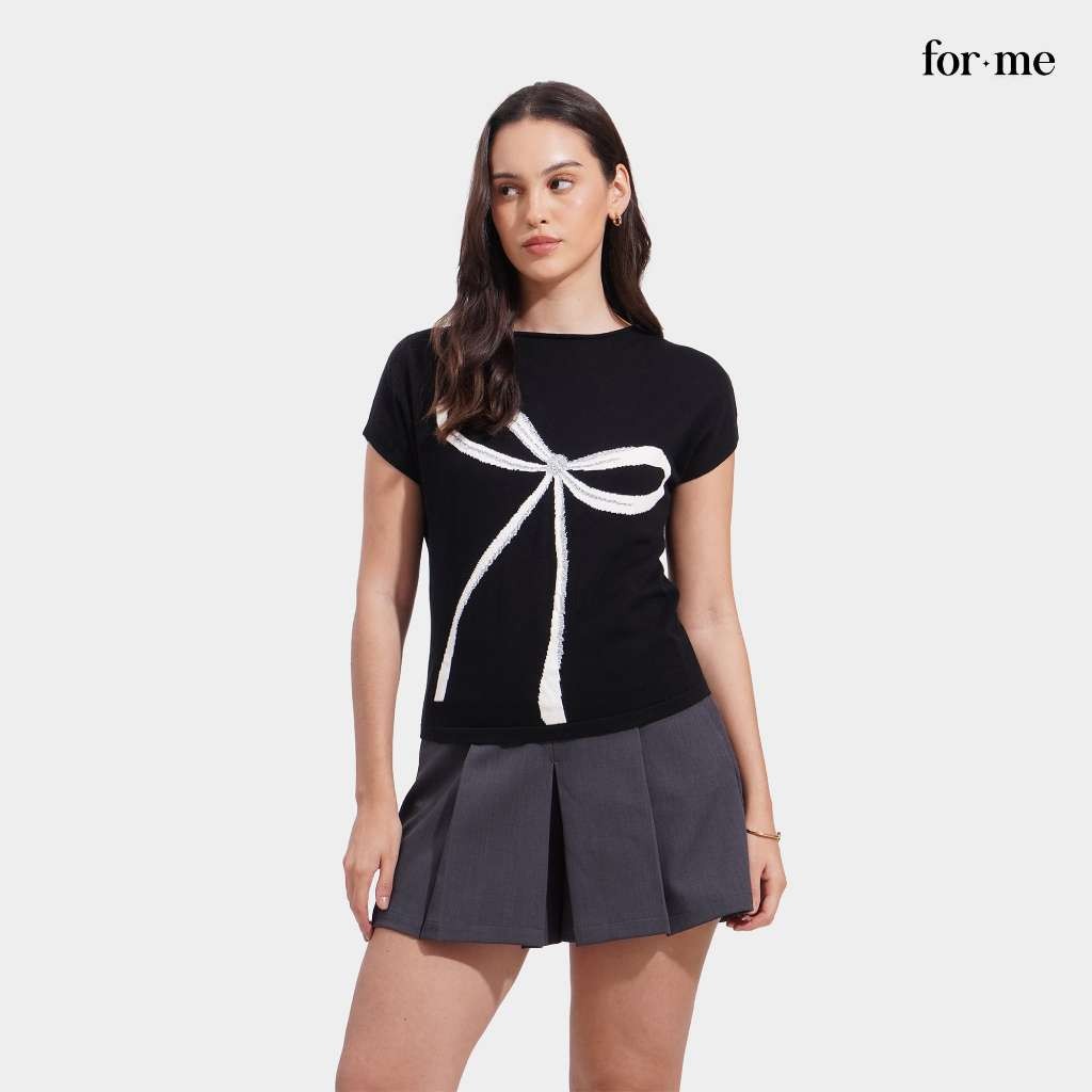 ForMe Knitted Tee With Ribbon Detail For Women (Black) | Shopee Philippines