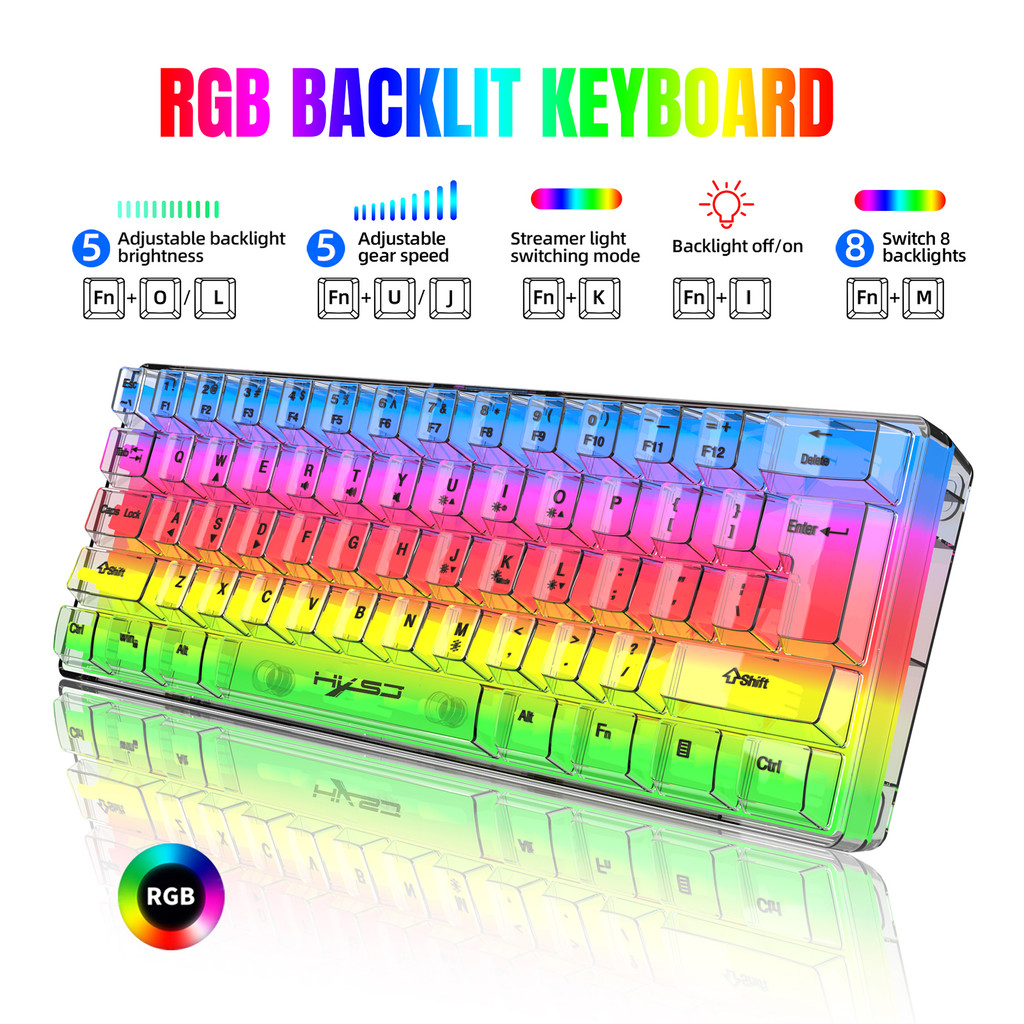 ☟HXSJ V700T 61-Key RGB Keyboard Transparent Gaming Keyboard USB Backlit ...