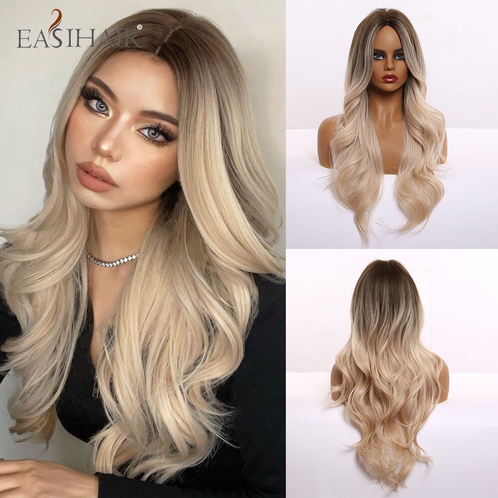 EASIHAIR Ombre Brown Light Blonde Platinum Long Wavy Middle Part Hair ...