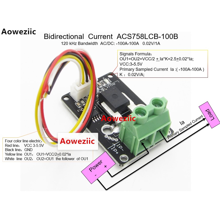 Aoweziic Unidirectional DC Current Sensor module ACS758LCB-100U ...